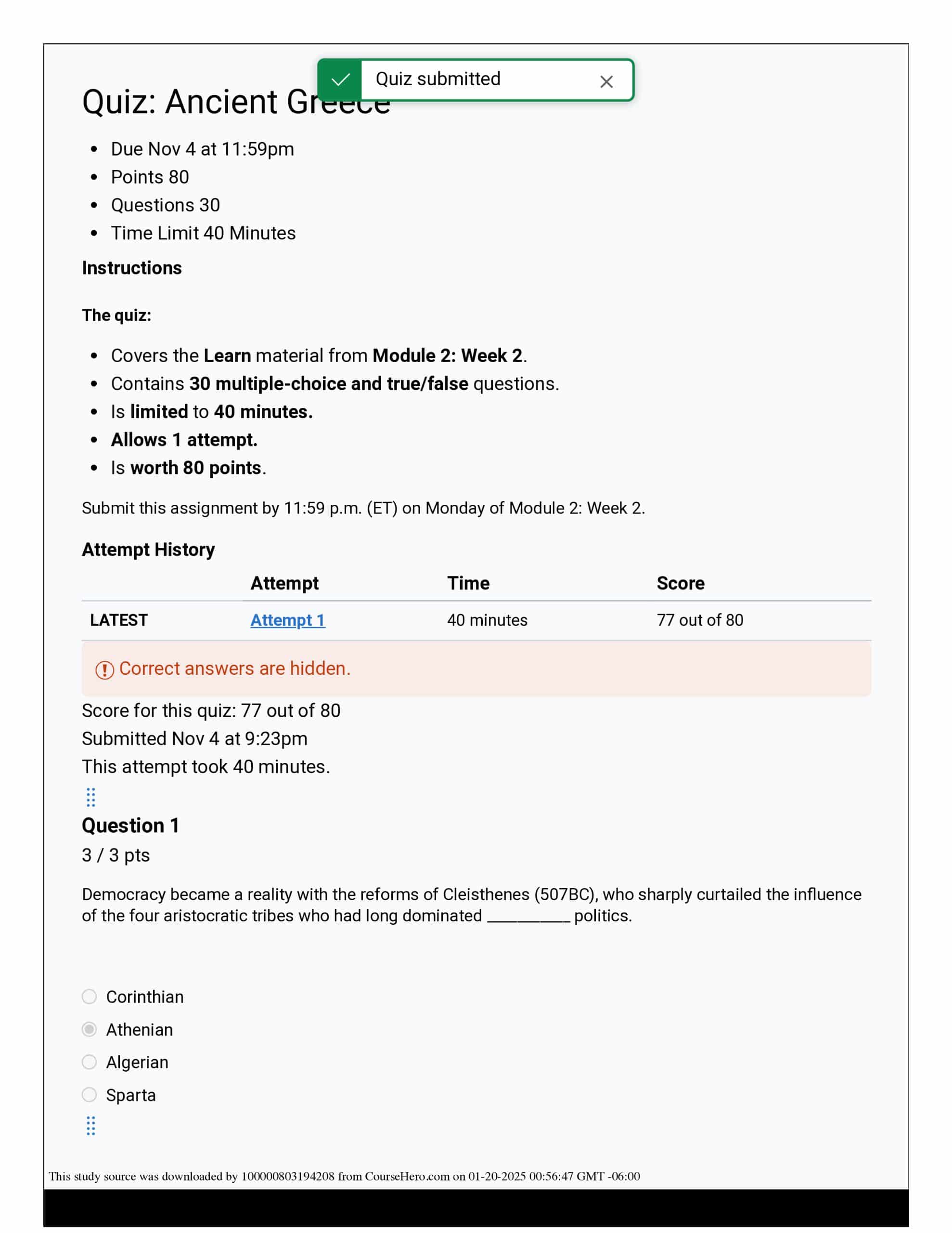 CSTU 101 Quiz 2 Ancient Greece Liberty Answers - Homework Simple