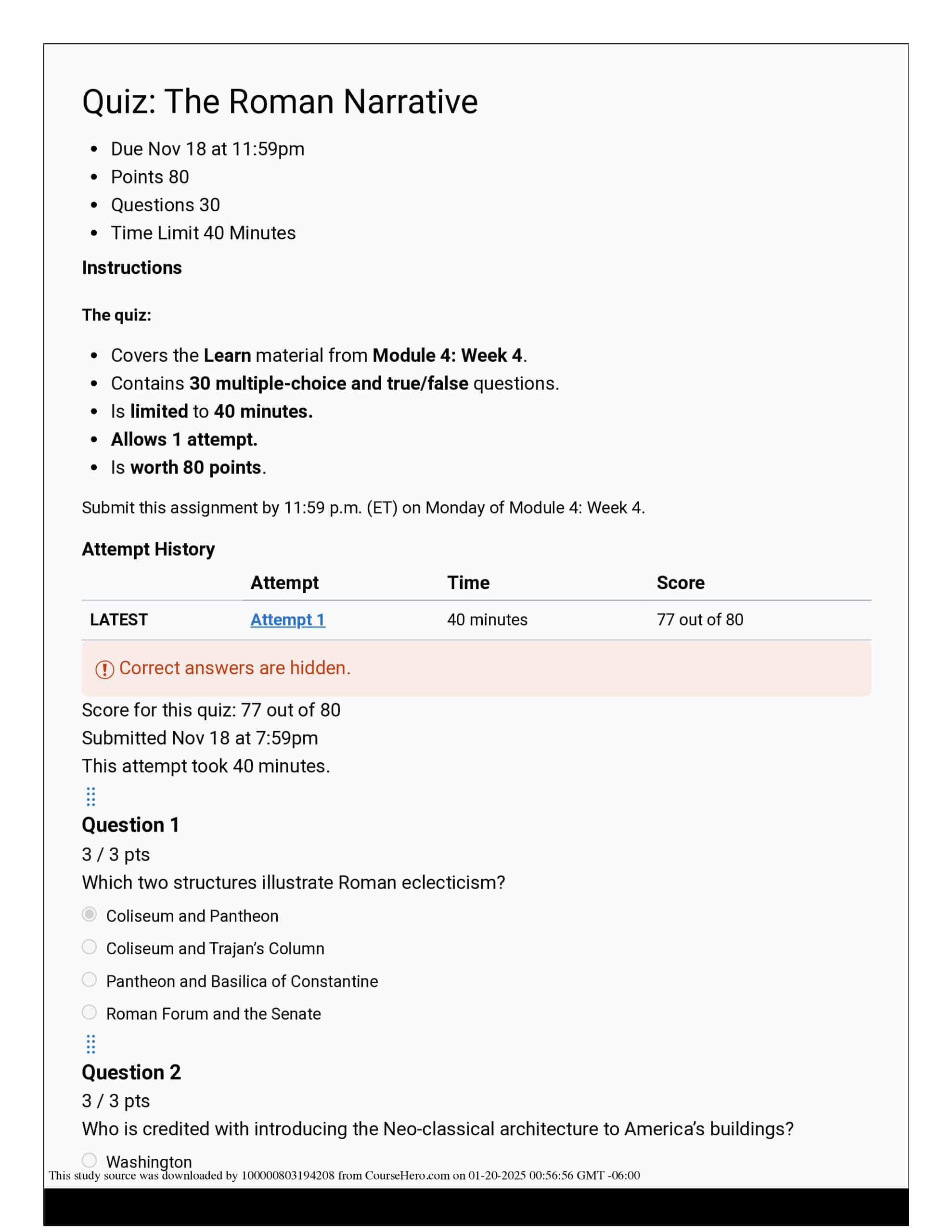 CSTU 101 Quiz 4 The Roman Narrative Liberty Answers - Homework Simple