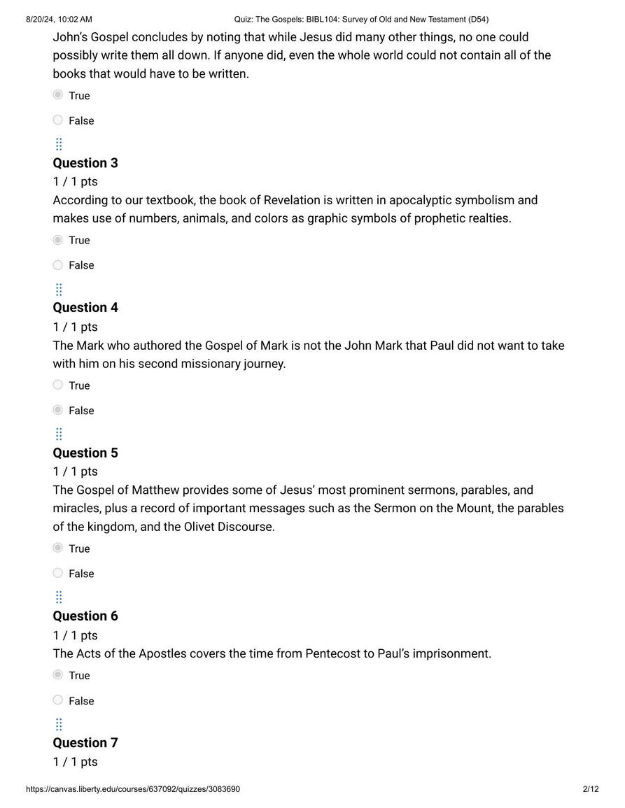 BIBL 104 Quiz 5 The Gospels Liberty Answers - Homework Simple