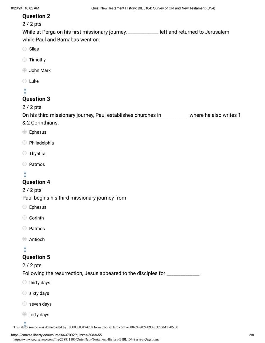 BIBL 104 Quiz 6 New Testament History Liberty Answers - Homework Simple